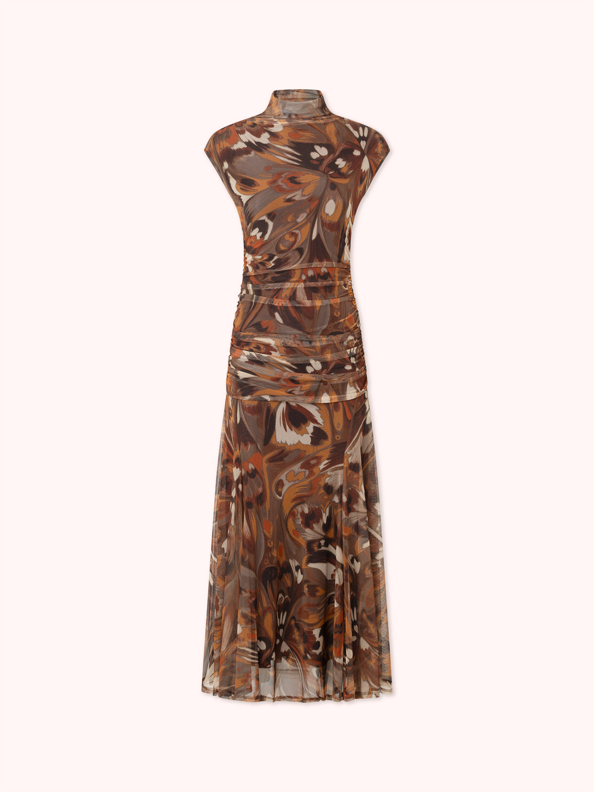 VESTIDO DRAPEADO DE TUL ESTAMPADO MARRÓN - JUAN AVELLANEDA x SEEIOU